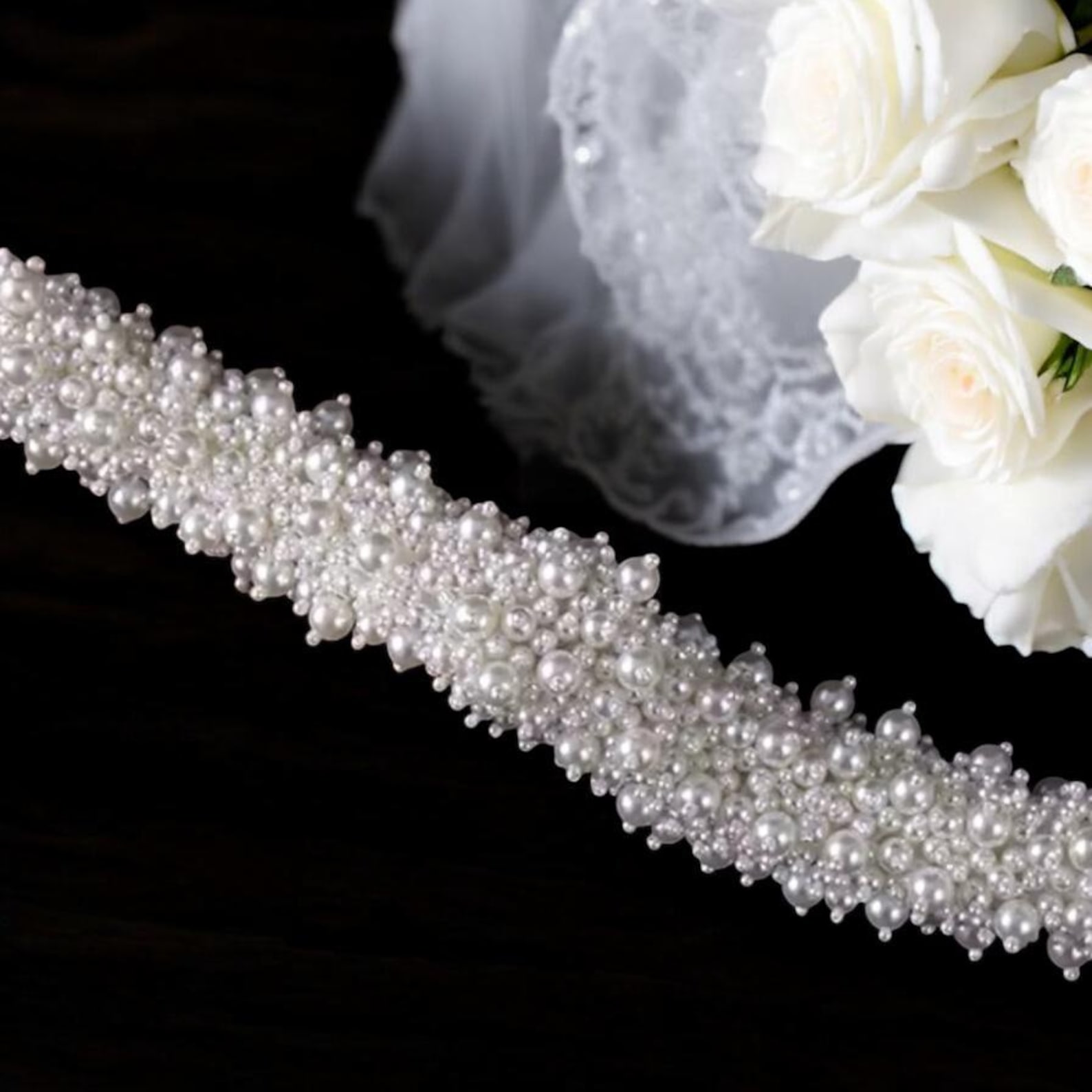 Diadema de perlas para novia con lazo de tul • Diadema ancha con ...