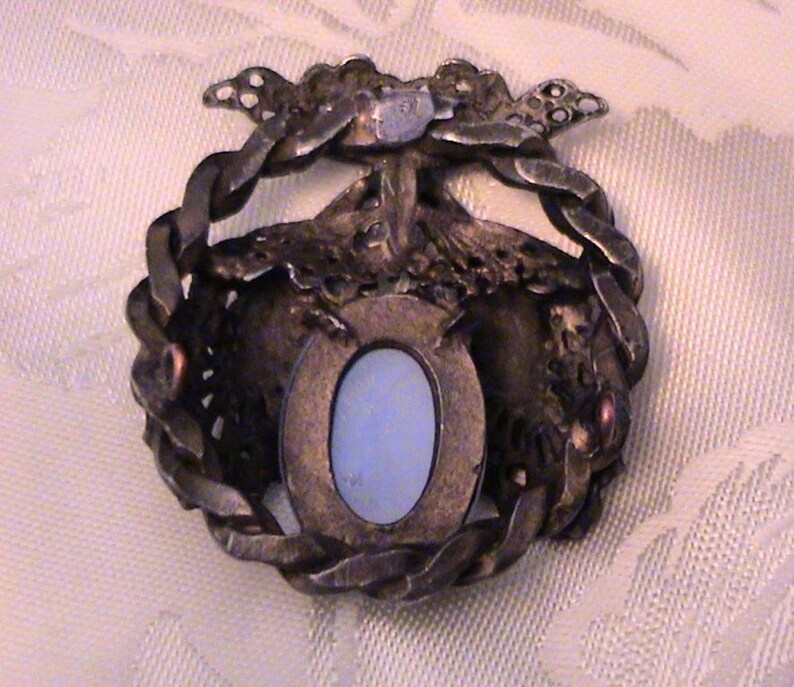 Vintage Large Finding, Dark Silver Metal & Light Blue Glass Moonstone ...