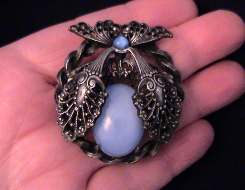 Vintage Large Finding, Dark Silver Metal & Light Blue Glass Moonstone ...