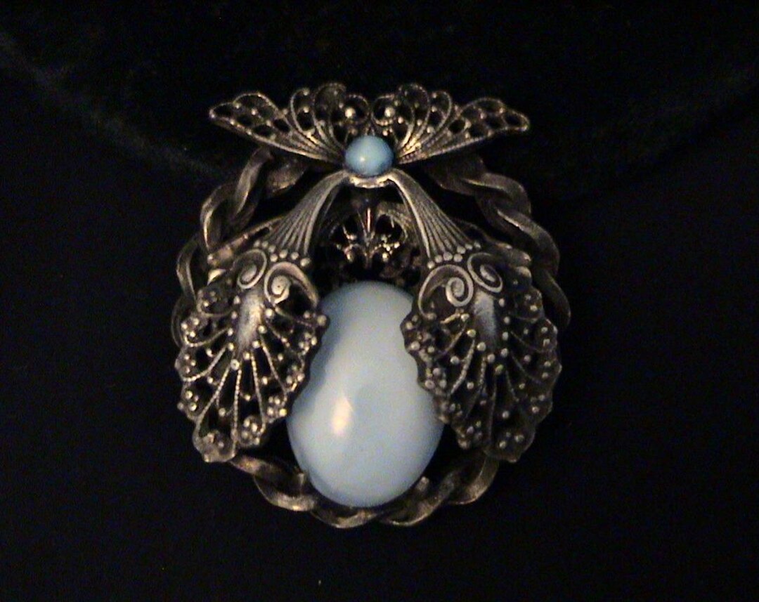 Vintage Large Finding, Dark Silver Metal & Light Blue Glass Moonstone ...