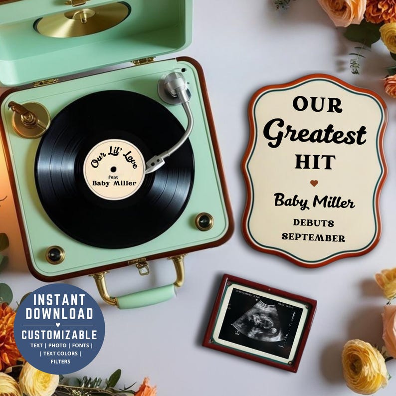 Retro Vinyl Record Pregnancy Announcement: Editable Canva Template ...