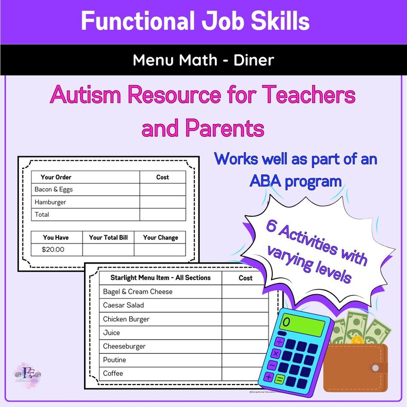 Functional Job Skills Menu Math Task Cards for Autism & Special ...