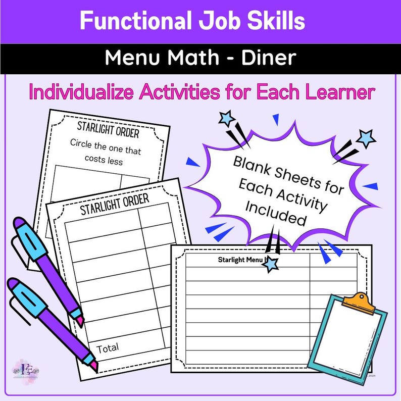 Functional Job Skills Menu Math Task Cards for Autism & Special ...