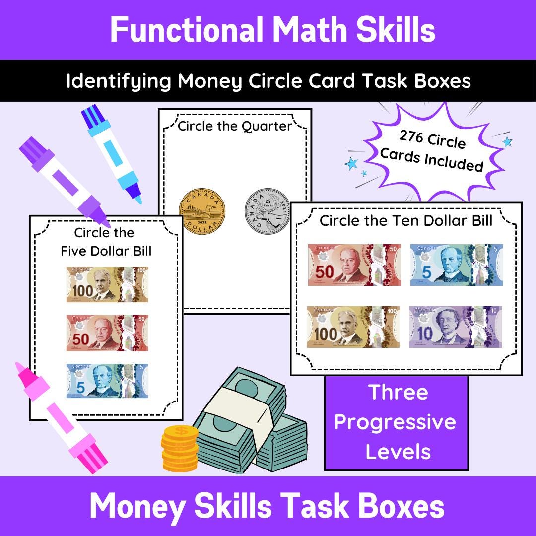 Functional Numeracy Canadian Money Identification Task Box Circle Card ...