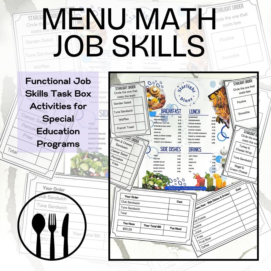Functional Job Skills Menu Math Task Cards for Autism & Special ...
