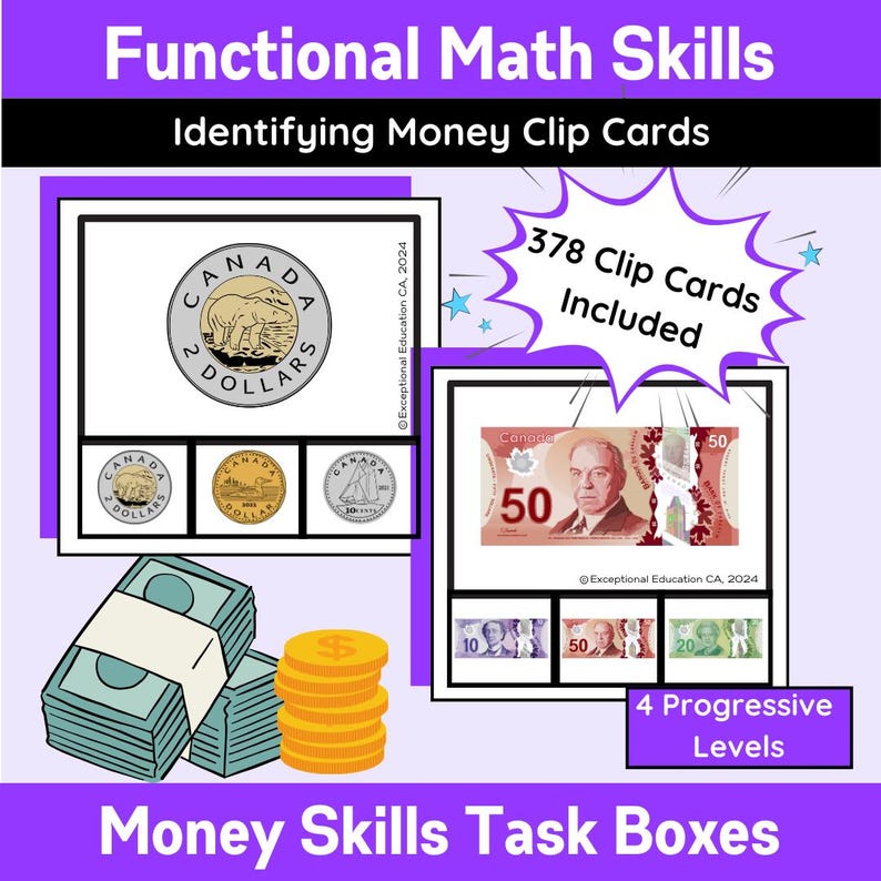 Functional Numeracy Canadian Money Identification Clip Cards Task Box ...