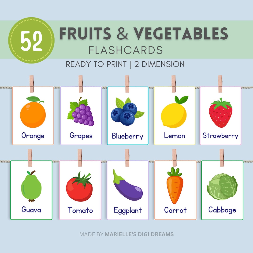 52 Fruits & Vegetables Flashcards Printable – Montessori Educational ...