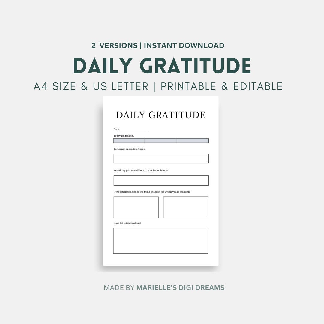Daily Gratitude Journal Printable, Mindfulness & Wellness Planner, Self ...