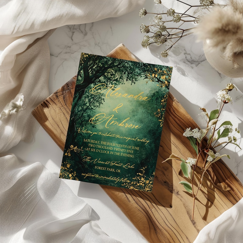 Enchanted Forest Wedding Invitation Suite, 6pc Green & Gold Paper ...