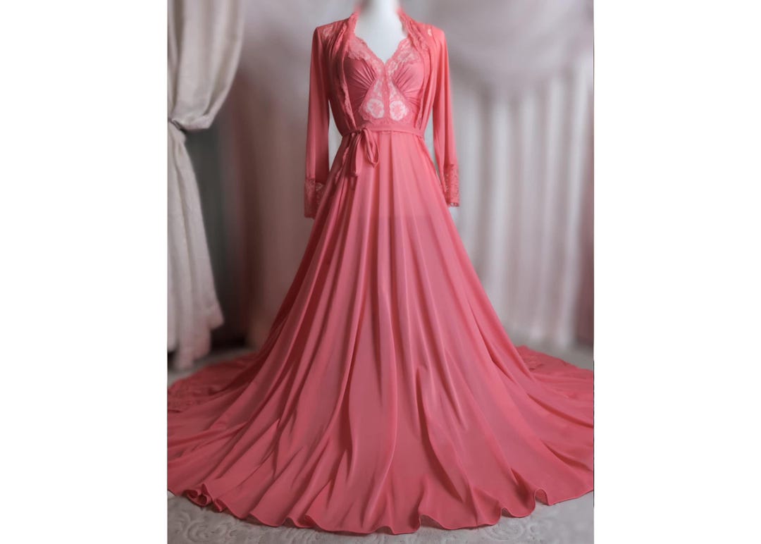 S Vintage Olga Nightgown Robe Set, in Bright Coral Pink - Etsy