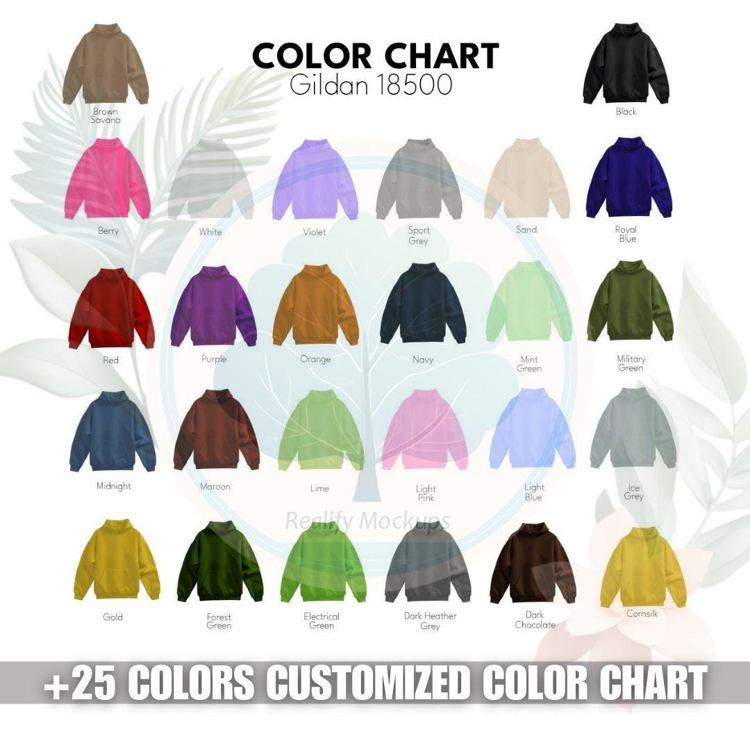 Gildan 18500 Color Chart, G185 25+ Color Mockup and Color Guide, Color ...