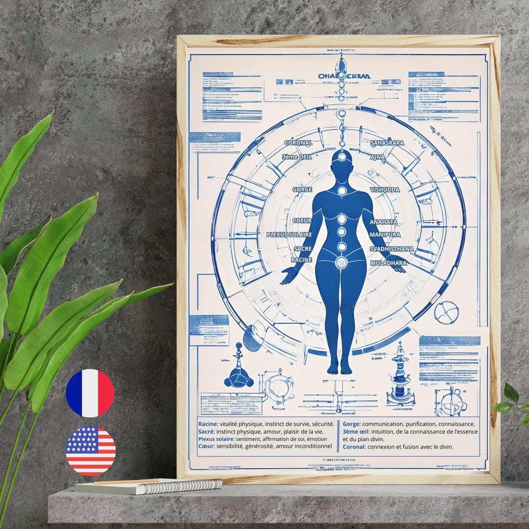 Esoteric Poster of the 7 Chakras in French and English, Energy Symbol ...