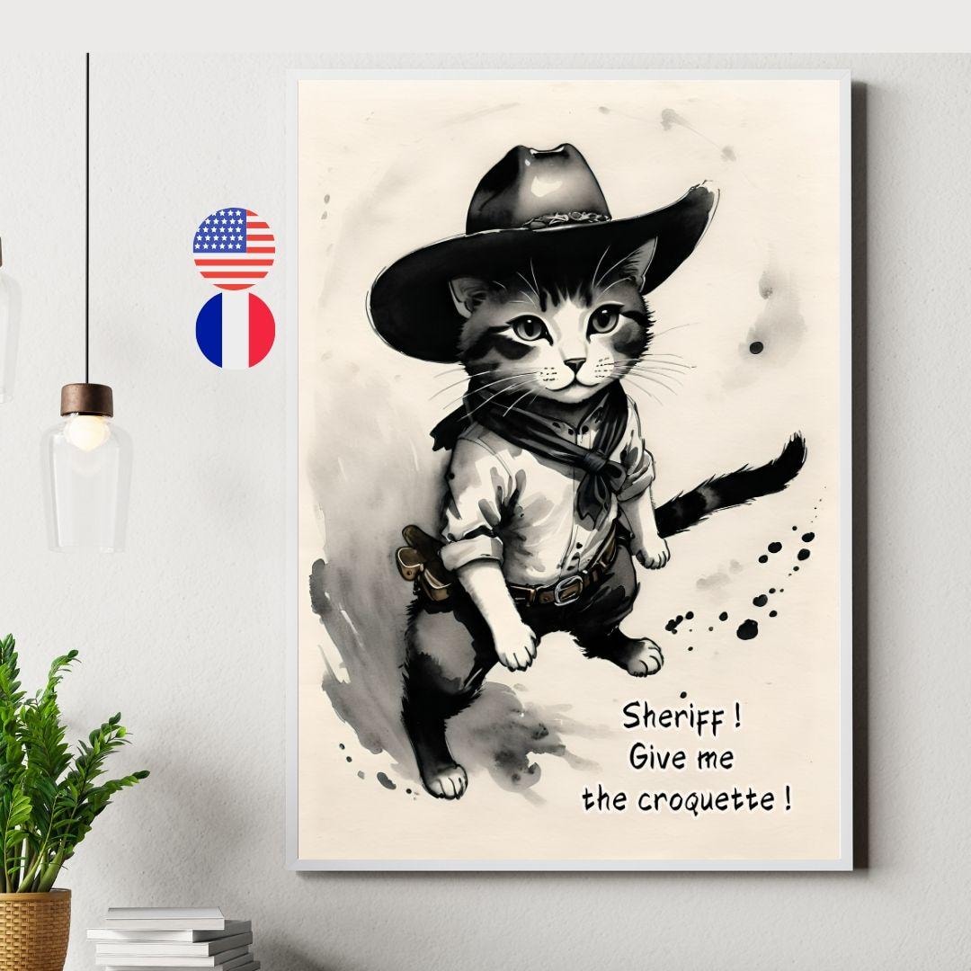 Cowboy Cat Poster, Funny Cat Kibble Quote, Quote in French and English ...