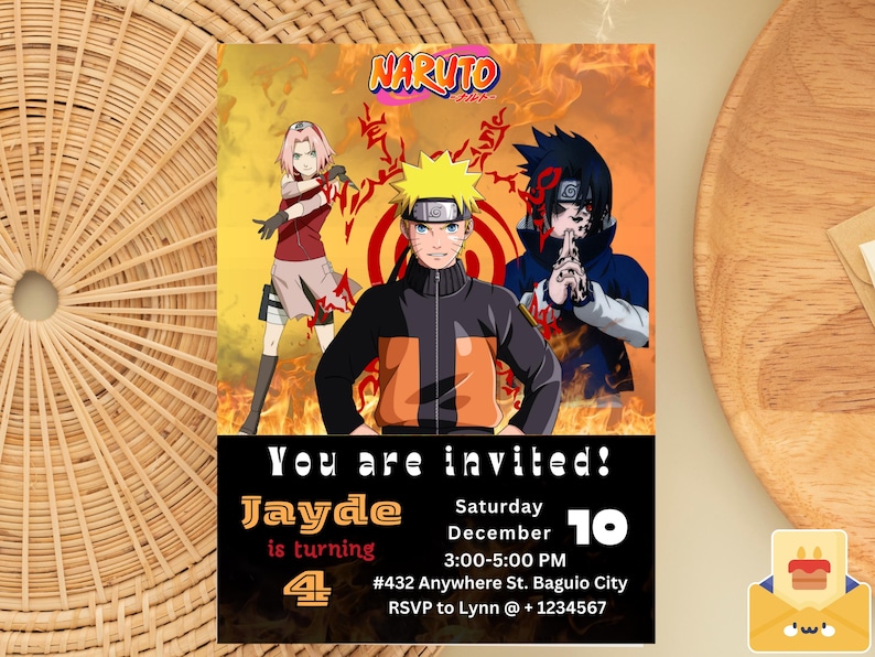 Anime Naruto Editable Inspired Invitation Card Manga Anime Invite Party ...