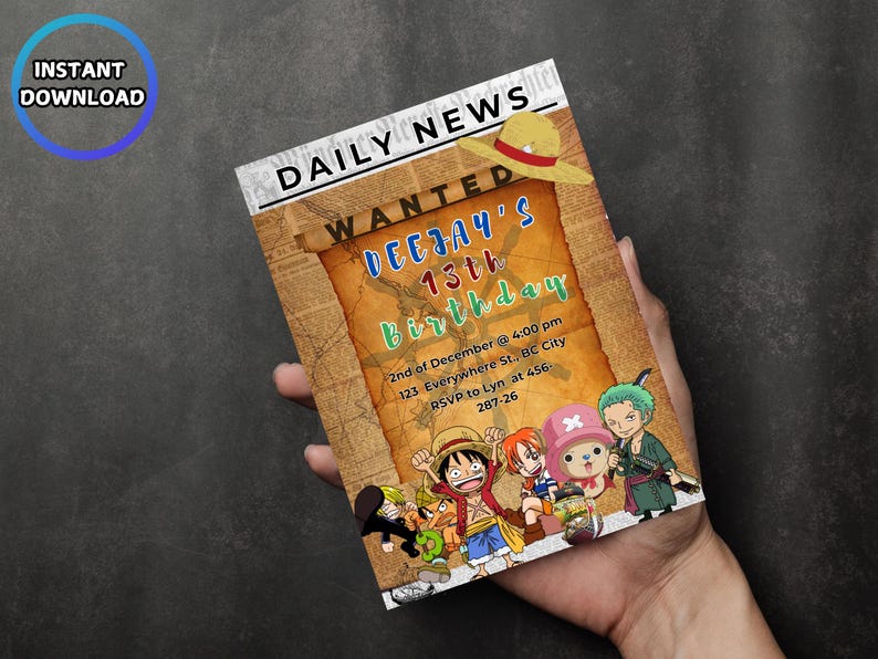 One-piece Invitation Card Template Anime Invitation Card Printable ...