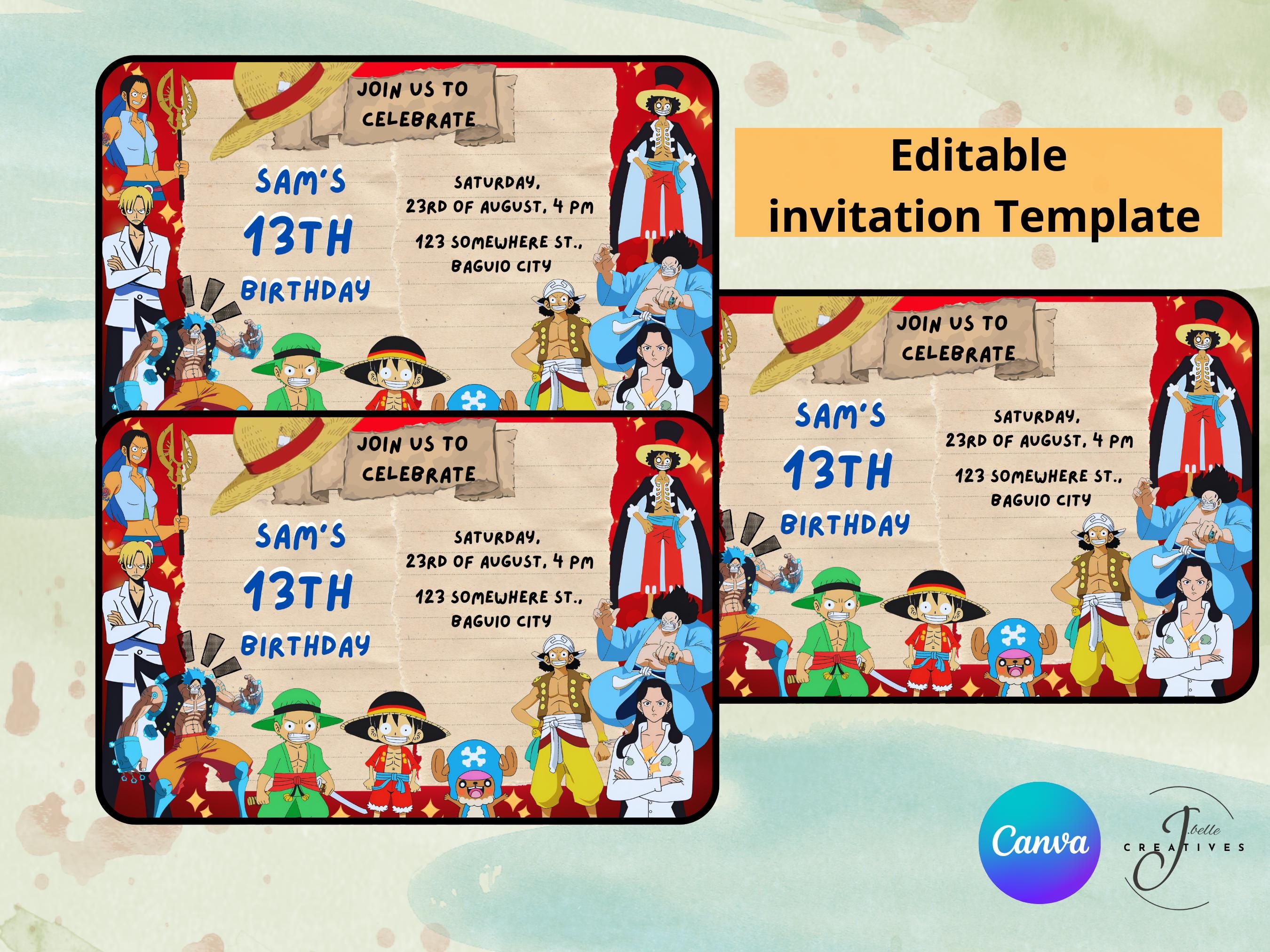 Editable One-piece Theme Invitation Card Template Anime Invitation Card ...