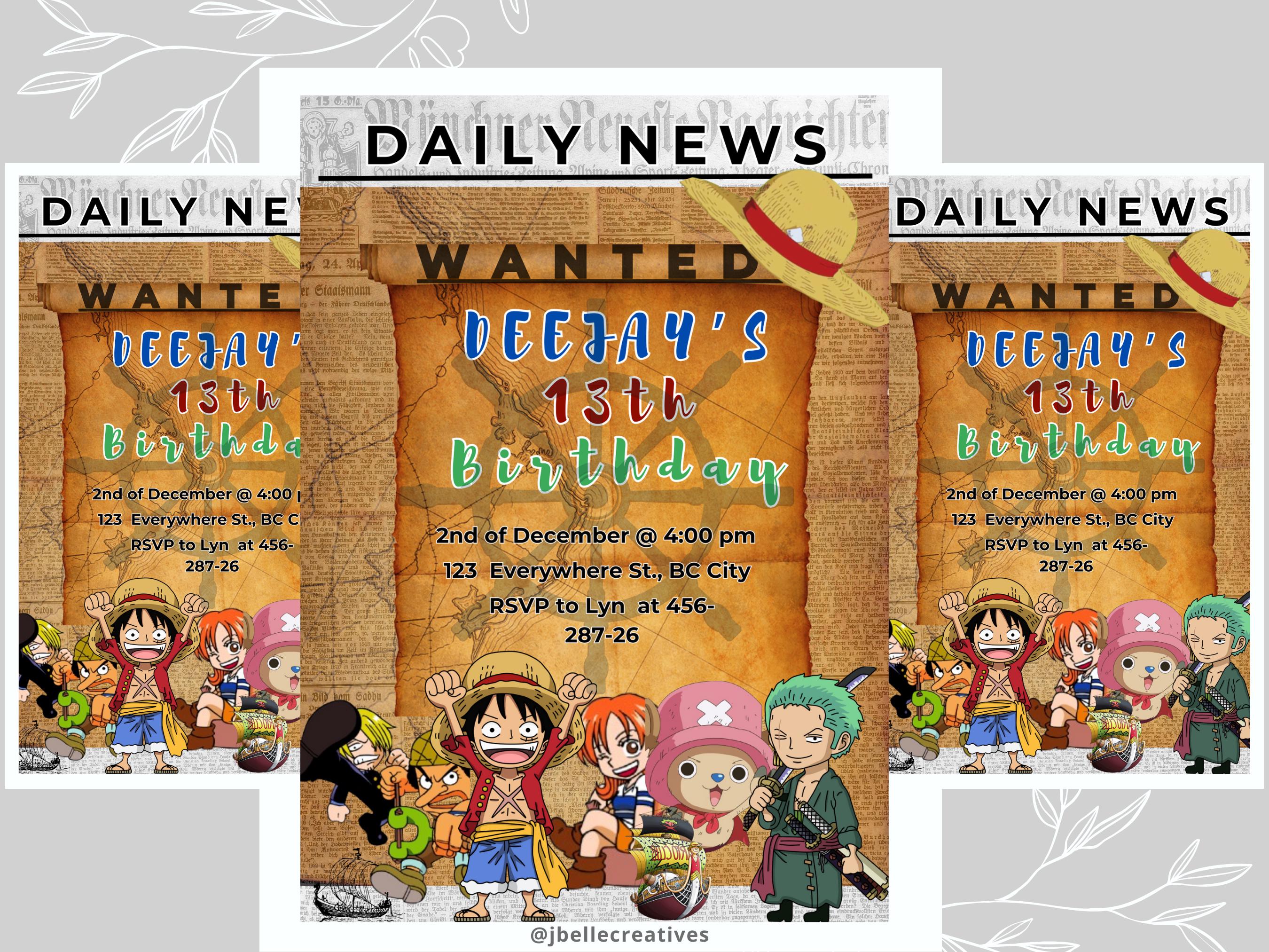 One-piece Invitation Card Template Anime Invitation Card Printable ...