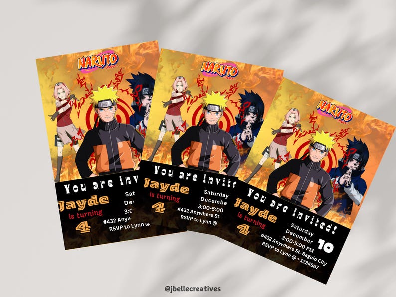 Anime Naruto Editable Inspired Invitation Card Manga Anime Invite Party ...