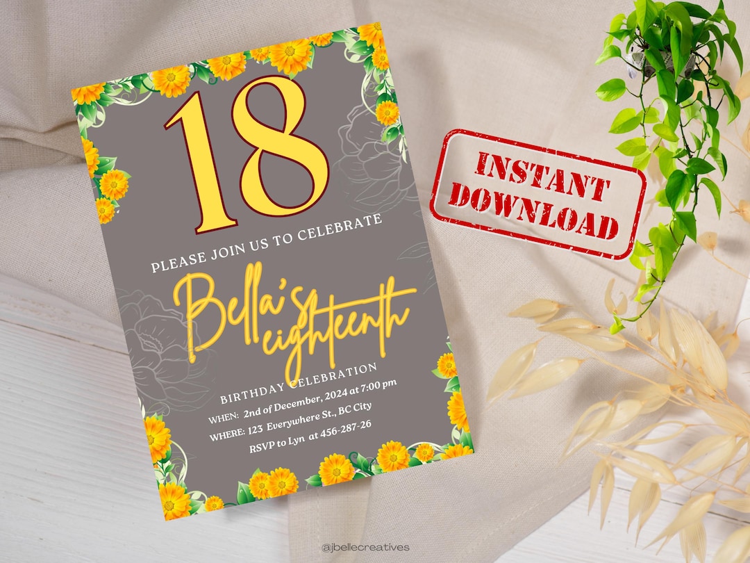 Printable 18th Birthday Invitation Card Birthday Card, Simple Invites ...