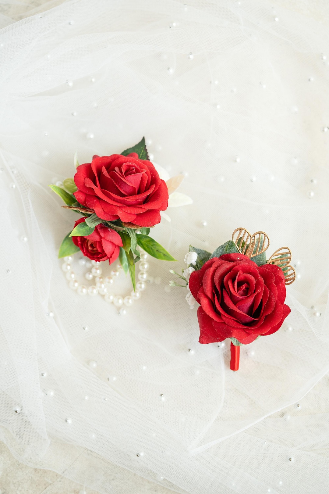 Valentine's Red Silk Rose Prom Corsage With Gold Heart for Wedding ...