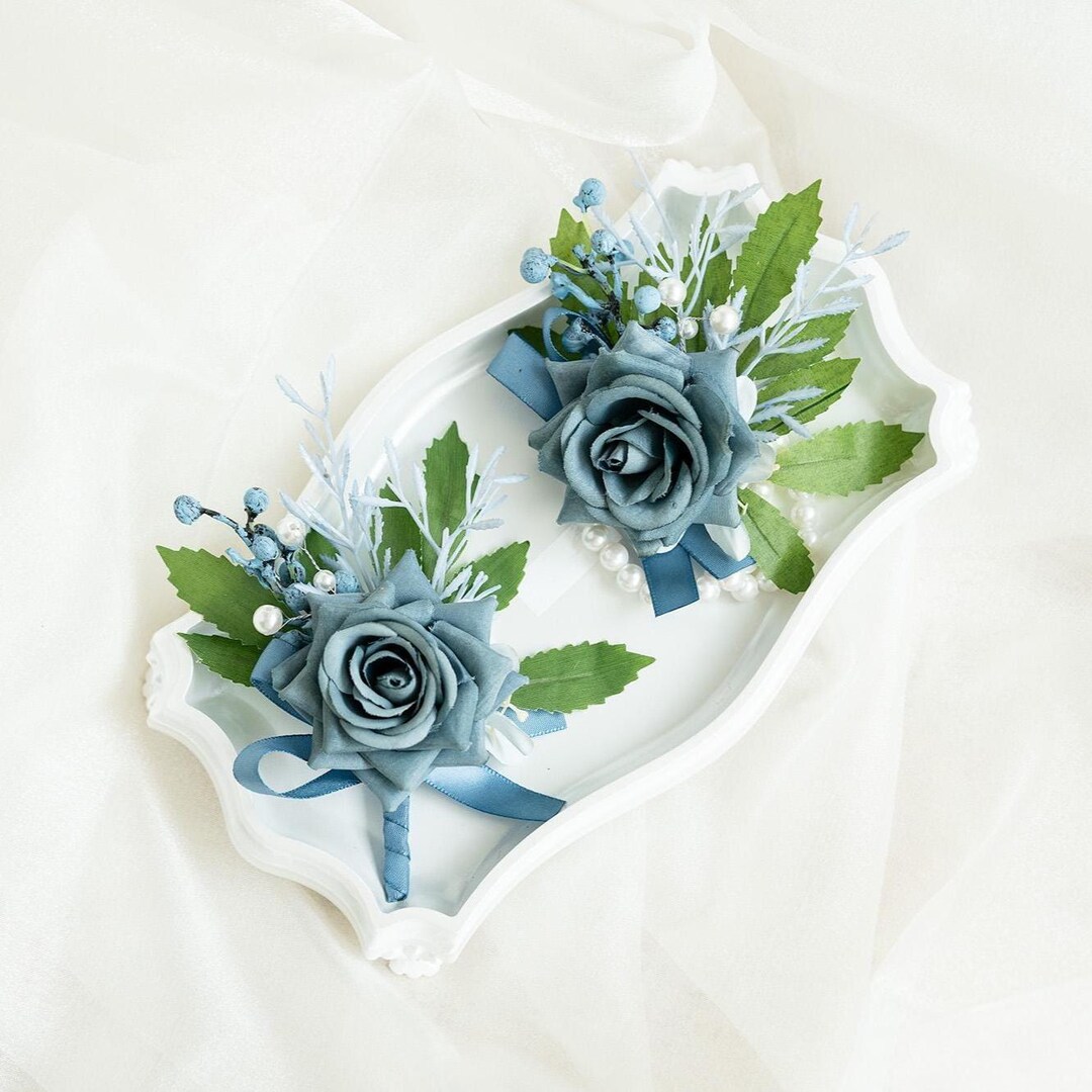Dark Grey Blue Rose Pearl Bracelet Wrist Corsage Gift for Her Classic ...