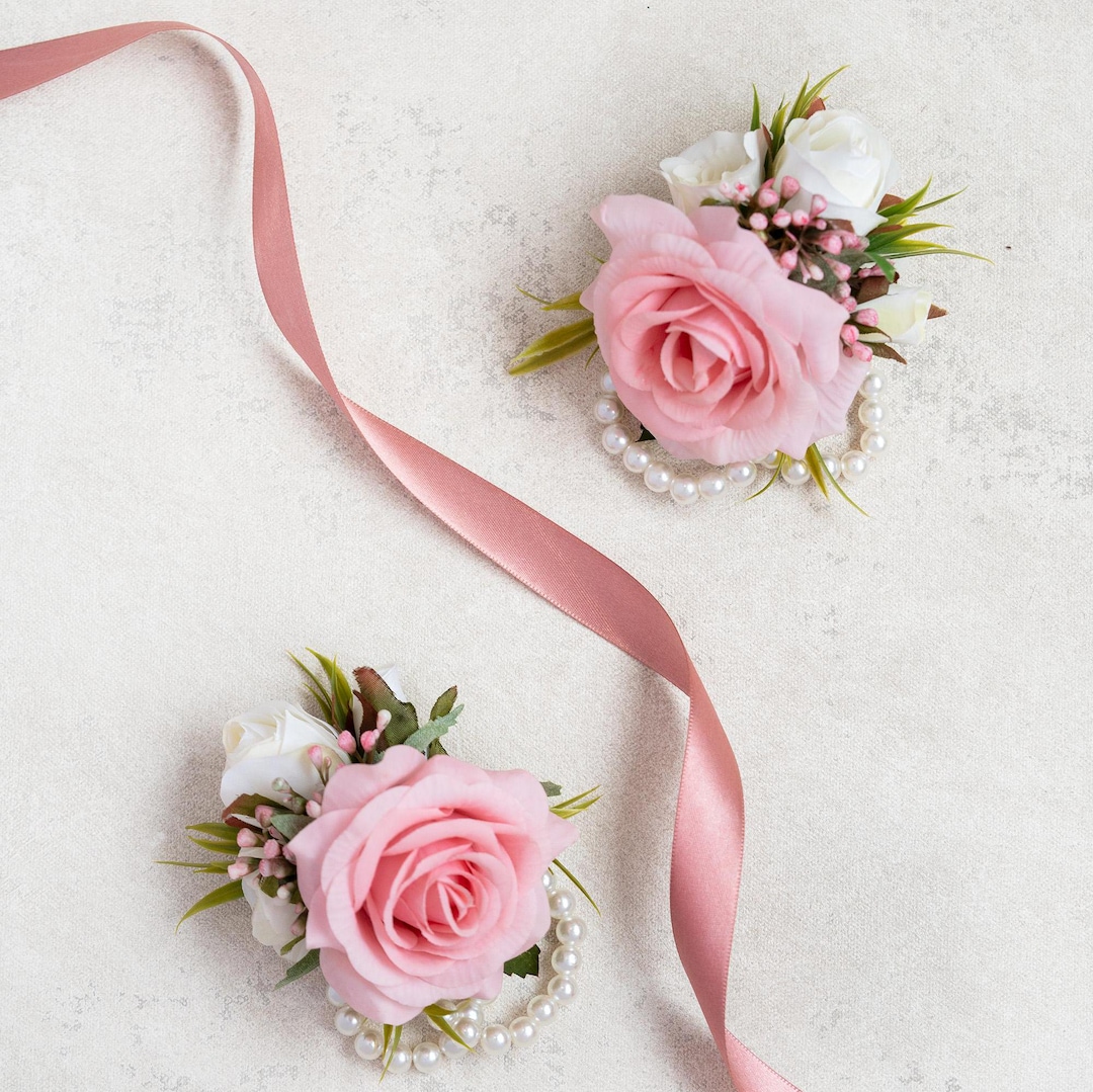 Dusty Pink Rose Corsage for Rustic Wedding Gift, Wrist Pearl Bracelet ...