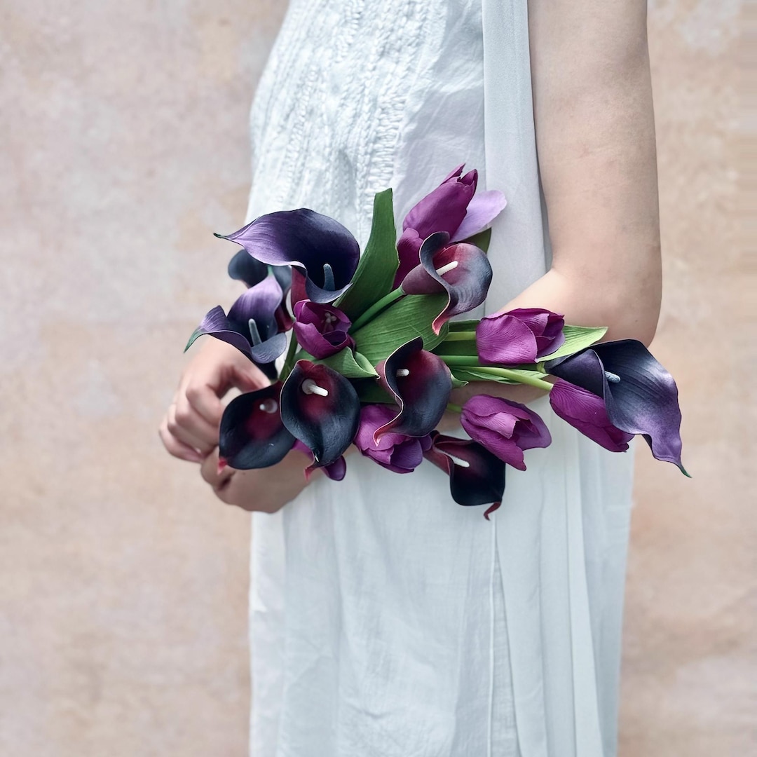 Plum Tulip Calla Lily Flower Bouquet, EVA Floral Arrangements for Home ...