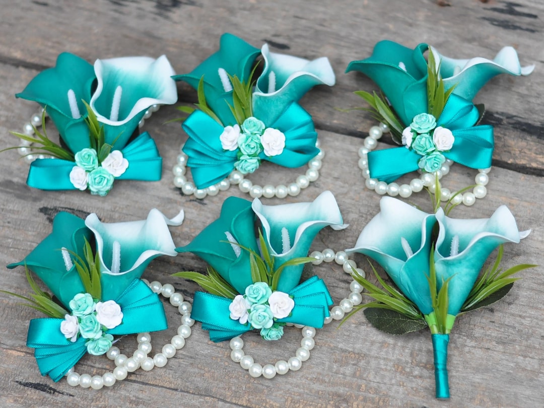 Real Touch Solid Teal Calla Lily Pearl Bracelet Wrist Corsage, Mulberry ...