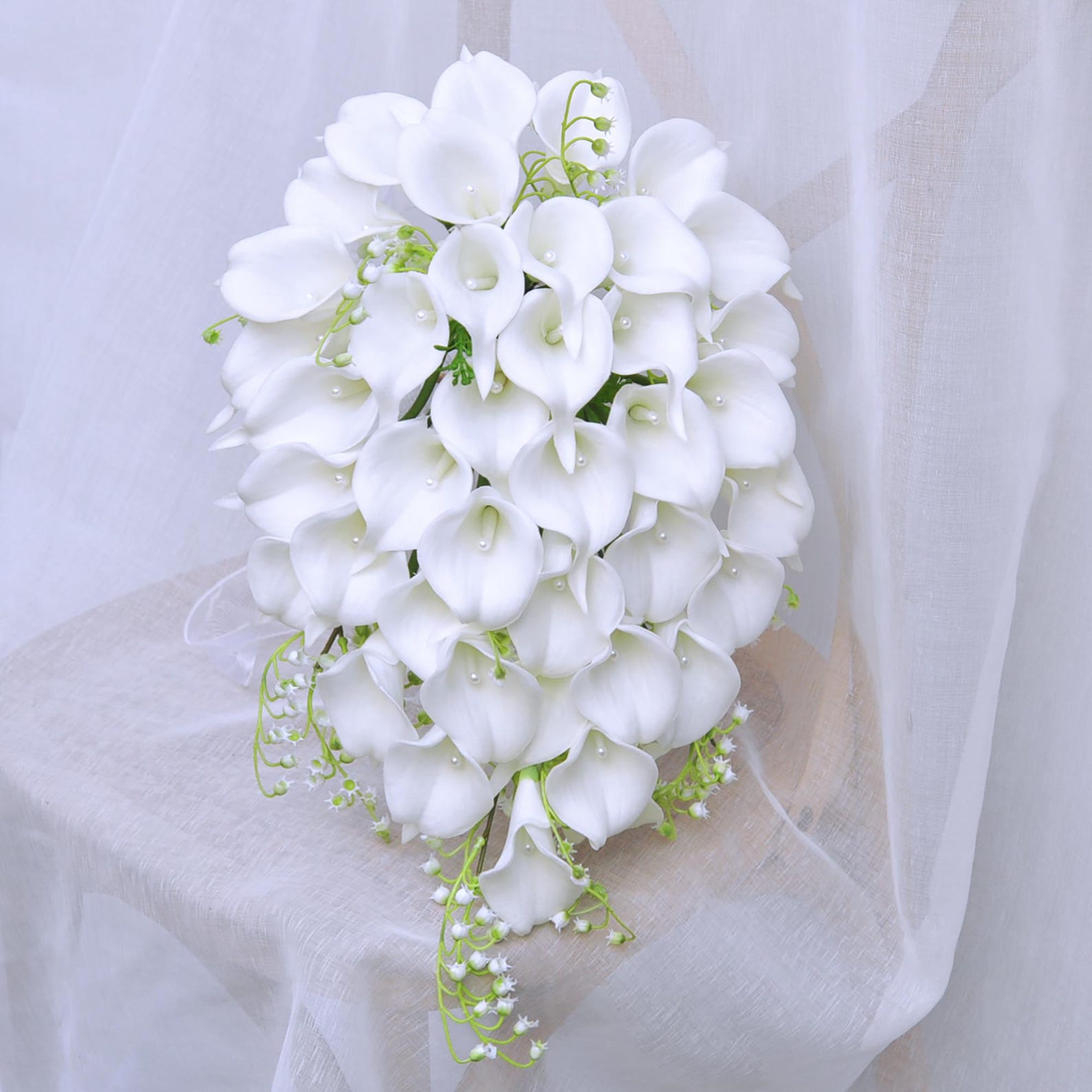 Teardrop White Calla Lily Bouquet/cascading White Ribbon Calla Lily ...