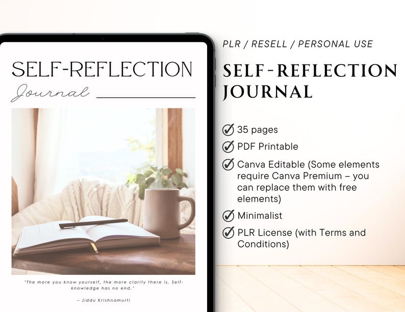 PLR / Resell Self-reflection Journal for Commercial Use, Printable and Editable Template, Daily ...