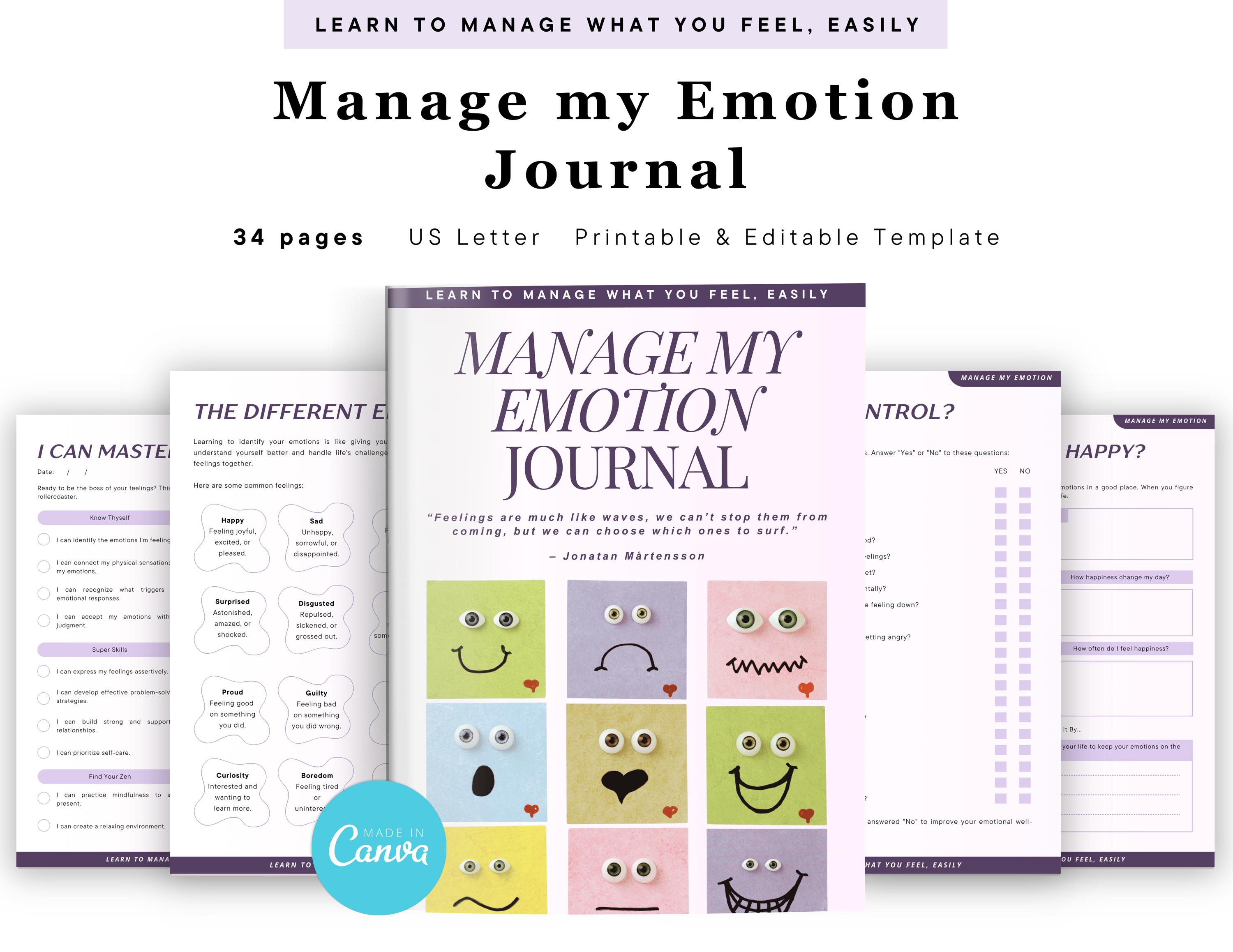 Manage My Emotion Journal | Editable and Printable Template | Personal ...