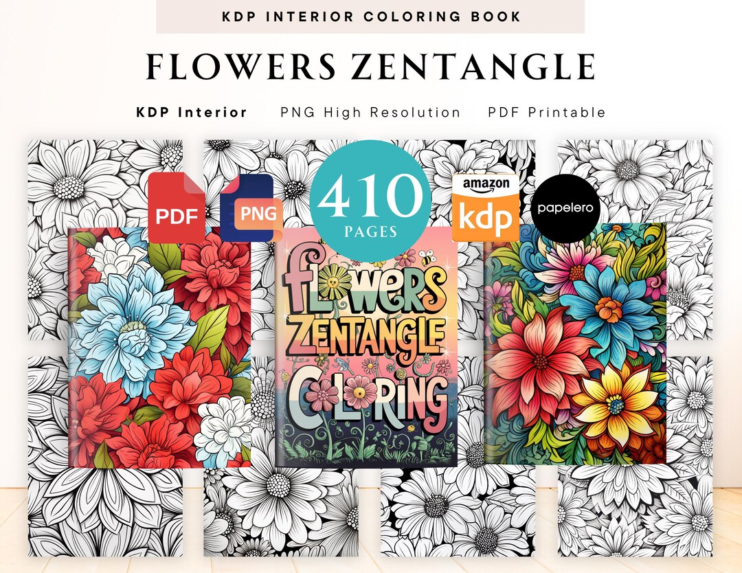Flowers Zentangle Coloring Pages for KDP Interior, PDF and PNG ...