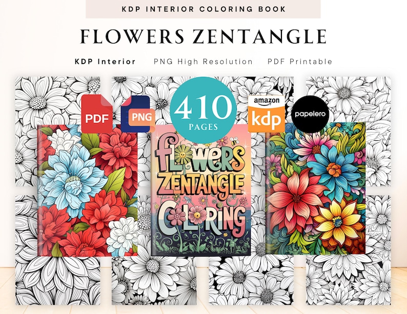 Flowers Zentangle Coloring Pages for KDP Interior, PDF and PNG ...