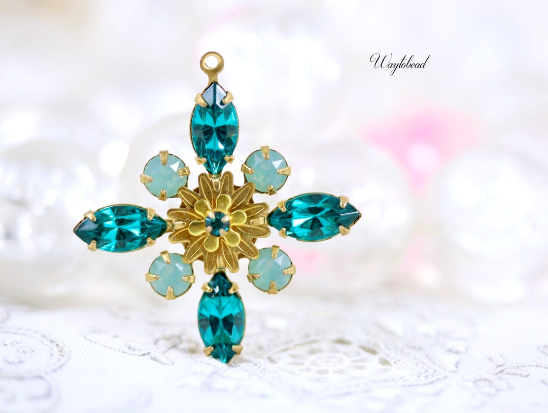 Starburst Pendant Stones Raw Brass Setting Austrian 30mm Zircon Blue ...