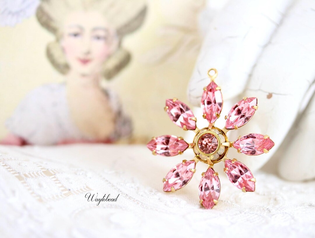 Rhinestone Daisy Flower Light Rose & Sand Opal Pendant Charm Vintage ...