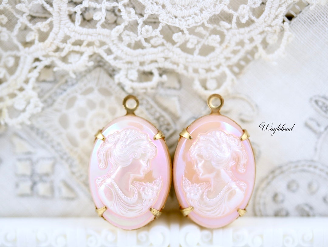 AB Light Pink Hoop Charm Rare Vintage Ponytail Girl Woman Cameo 18x13mm ...