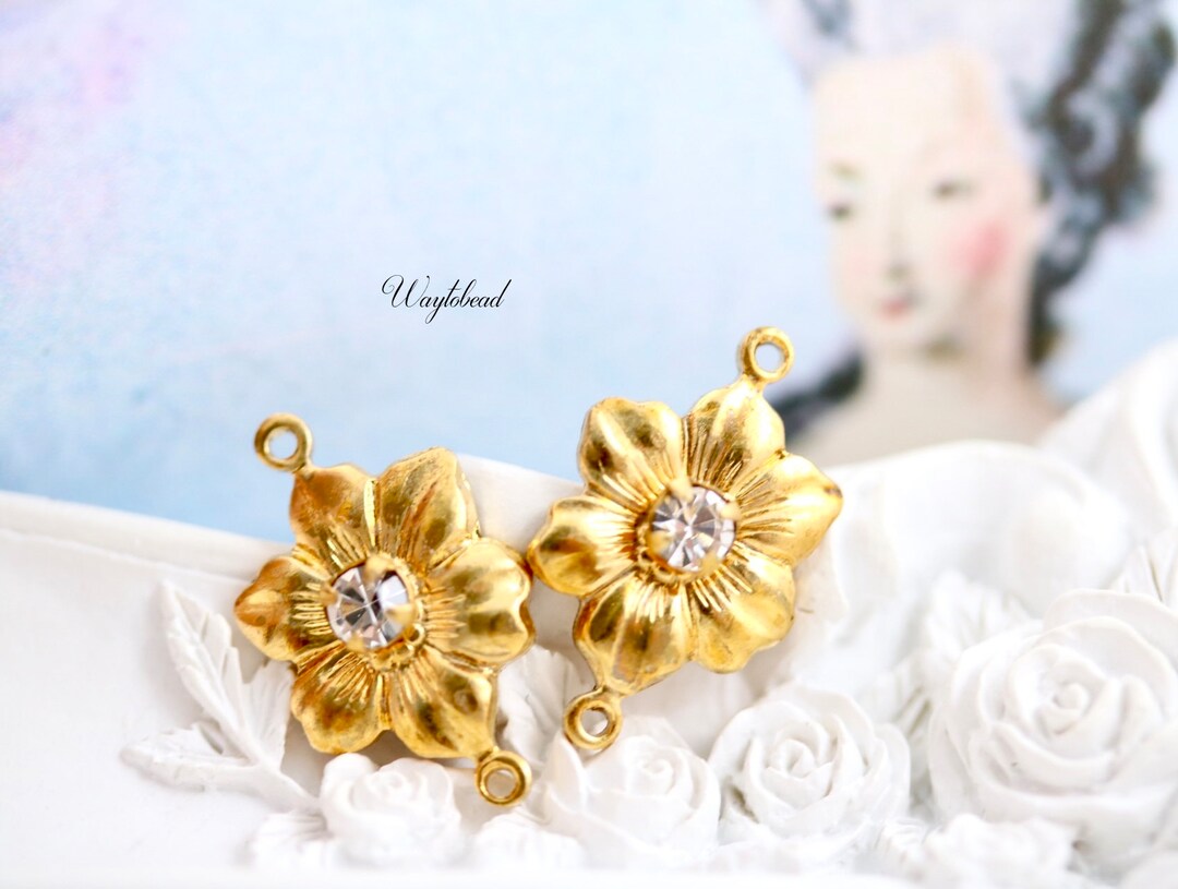 Crystal Clear Center Rhinestone Raw Brass Two Loops Connector Link ...