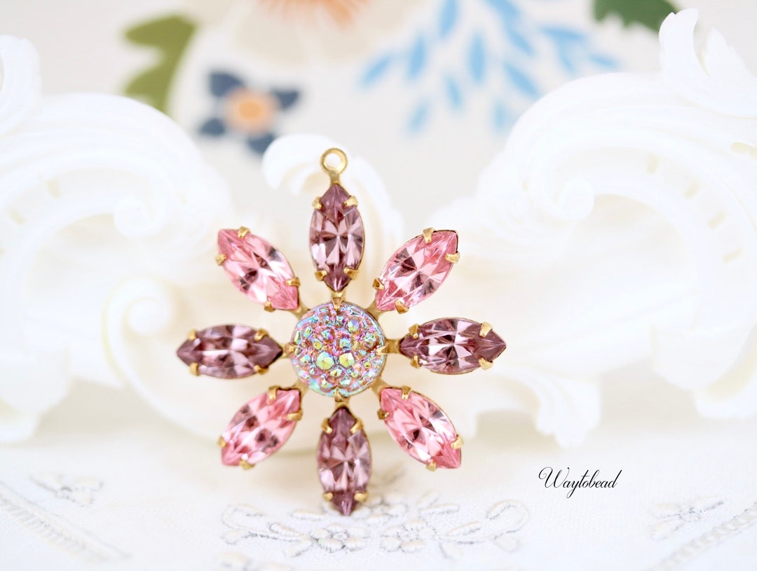 Rhinestone Daisy Flower Pendant Charm Vintage German Glass Stones 30mm ...