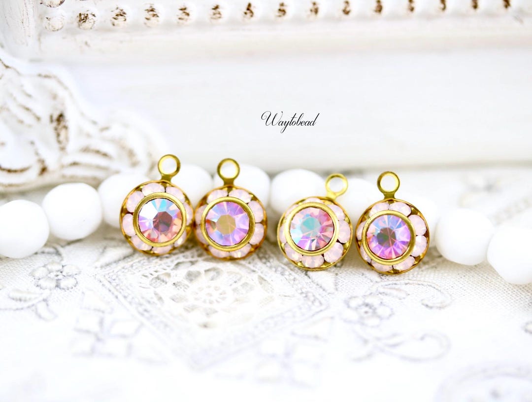 Rose Opal & AB Light Rose Two Layer Crystal Round Drop Dangle Charm ...