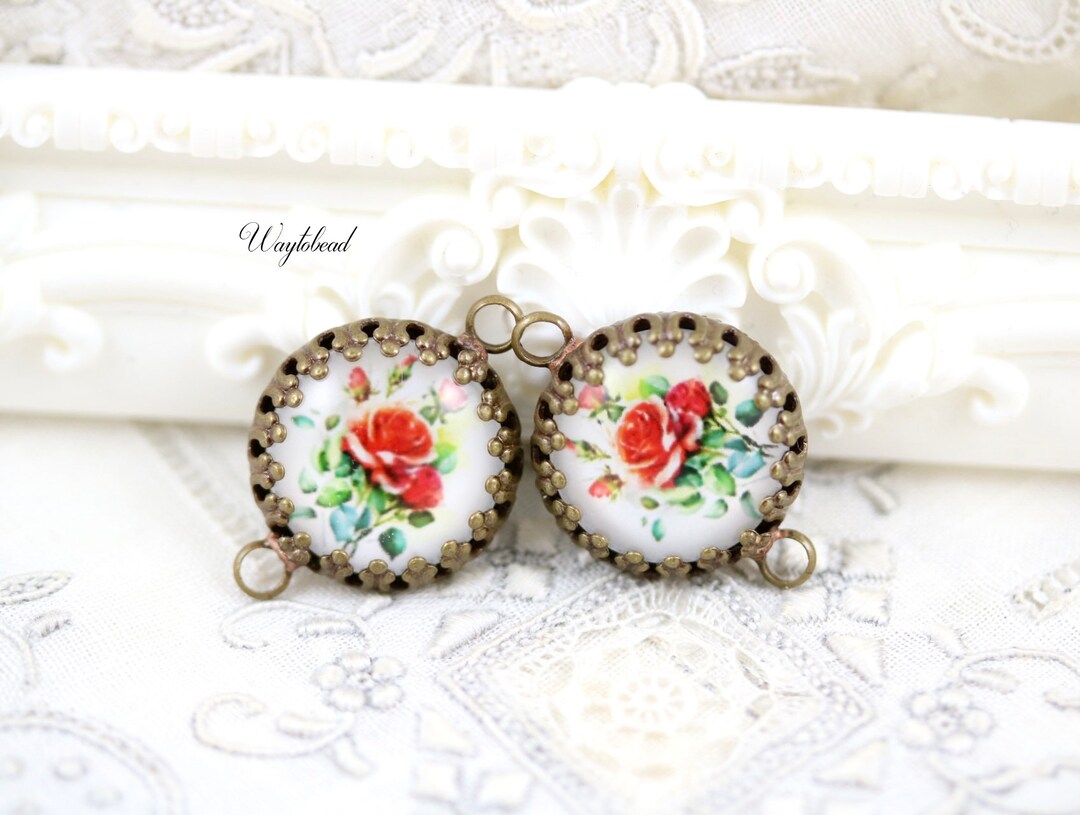 Red Roses Flower Connector Link Floral Cabochon 16mm Vintage Style ...