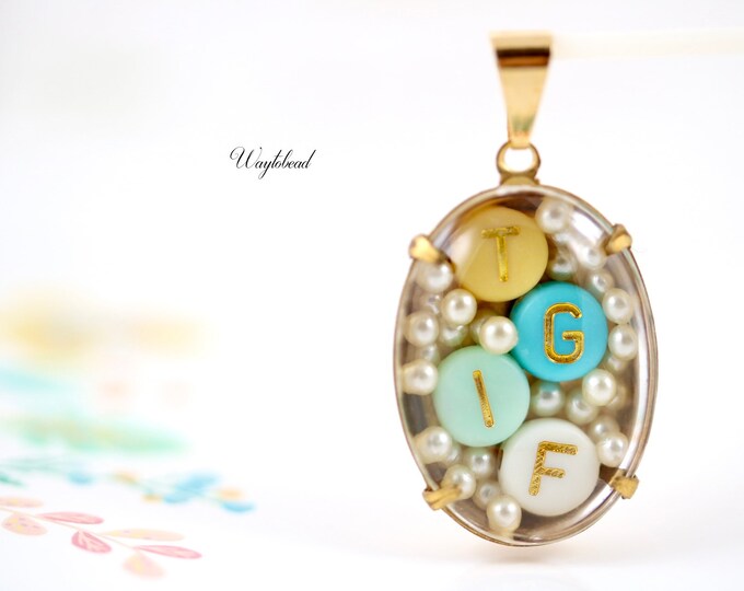TGIF Letters Alphabets Brass Shadow Box Pendant Tiny Faux Pearls Oval ...