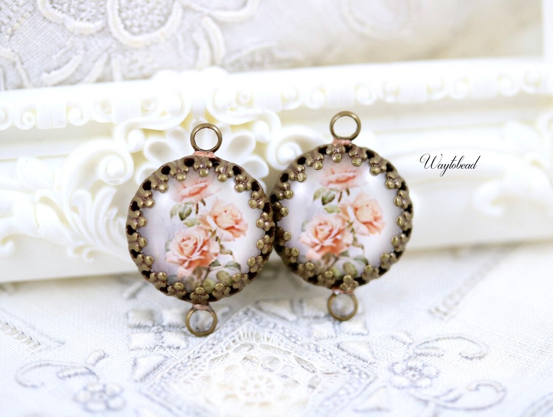 Light Peach Roses Floral Cabochon 16mm Vintage Style Round Single Set ...