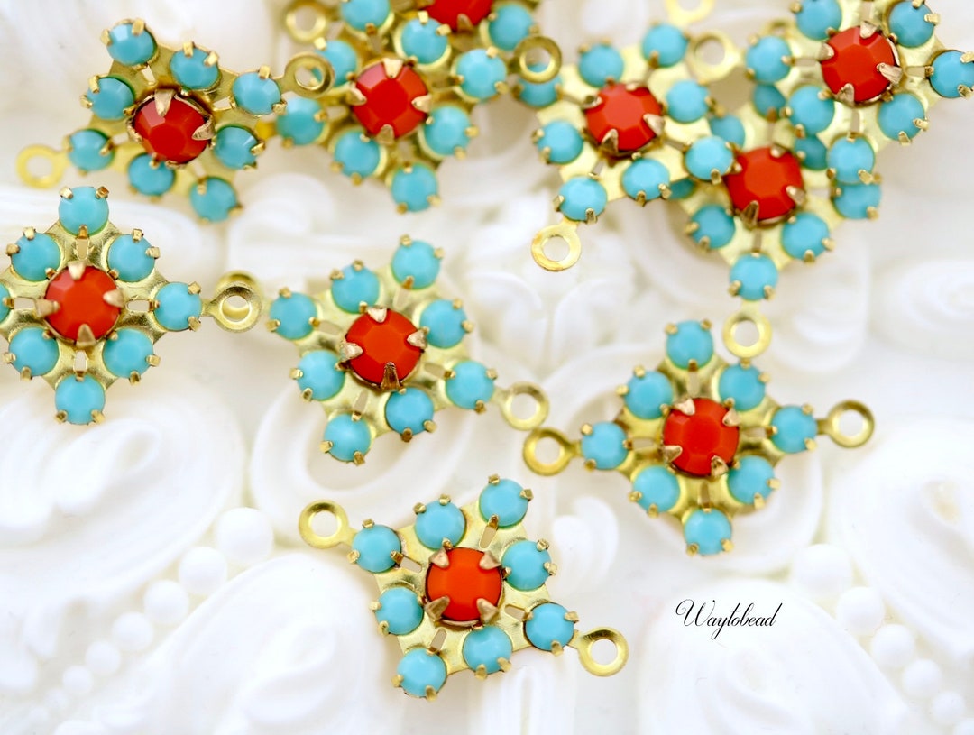 Square Diamond Shape Petite Connector Turquoise & Coral Crystal ...