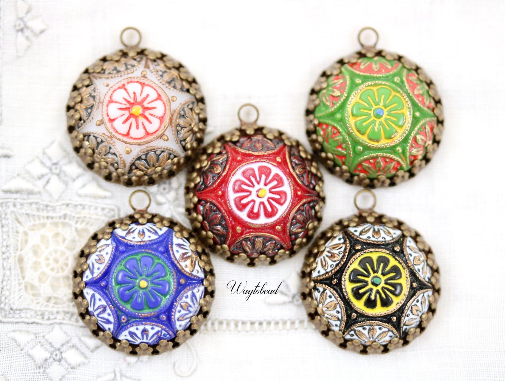 German Vintage Mosaic Hand Painted Flower Glass Cabochon 21mm Round ...