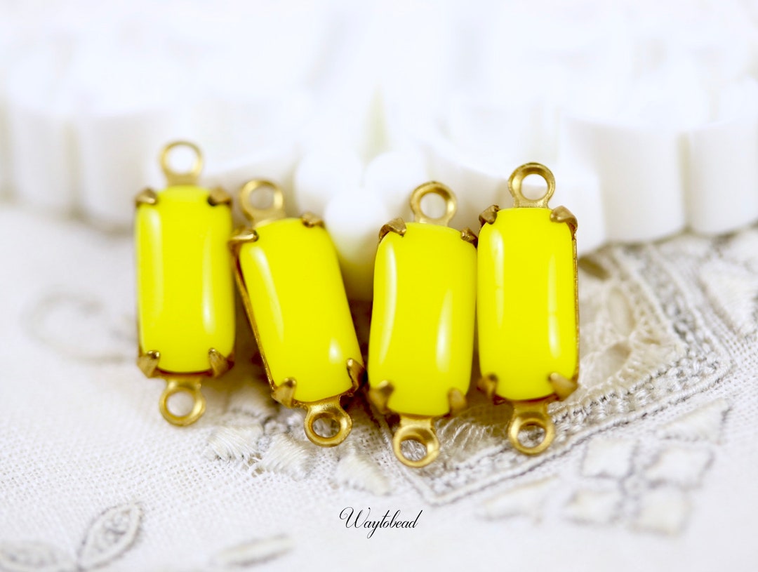 Vintage Glass Octagon Stones 10x5mm Raw Brass Settings Opaque Lemon ...