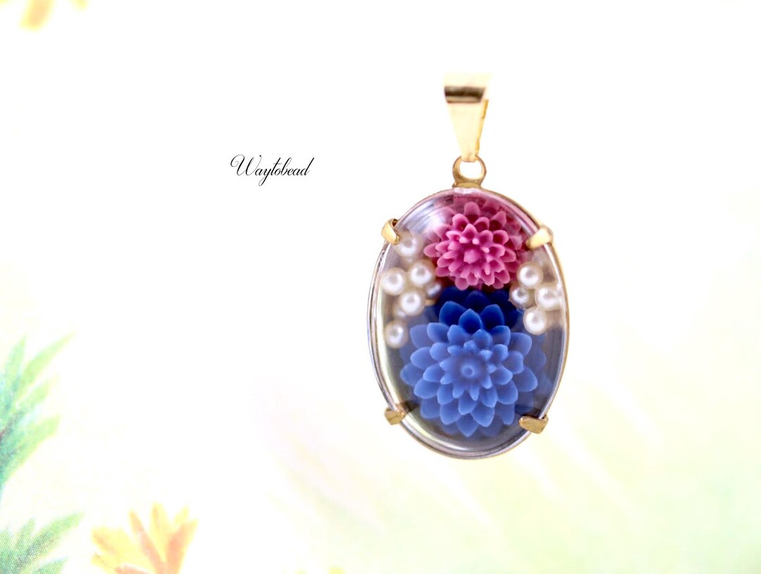 Royal Blue & Magenta Dahlia Flower Tiny Faux Pearls Oval Shadow Box ...