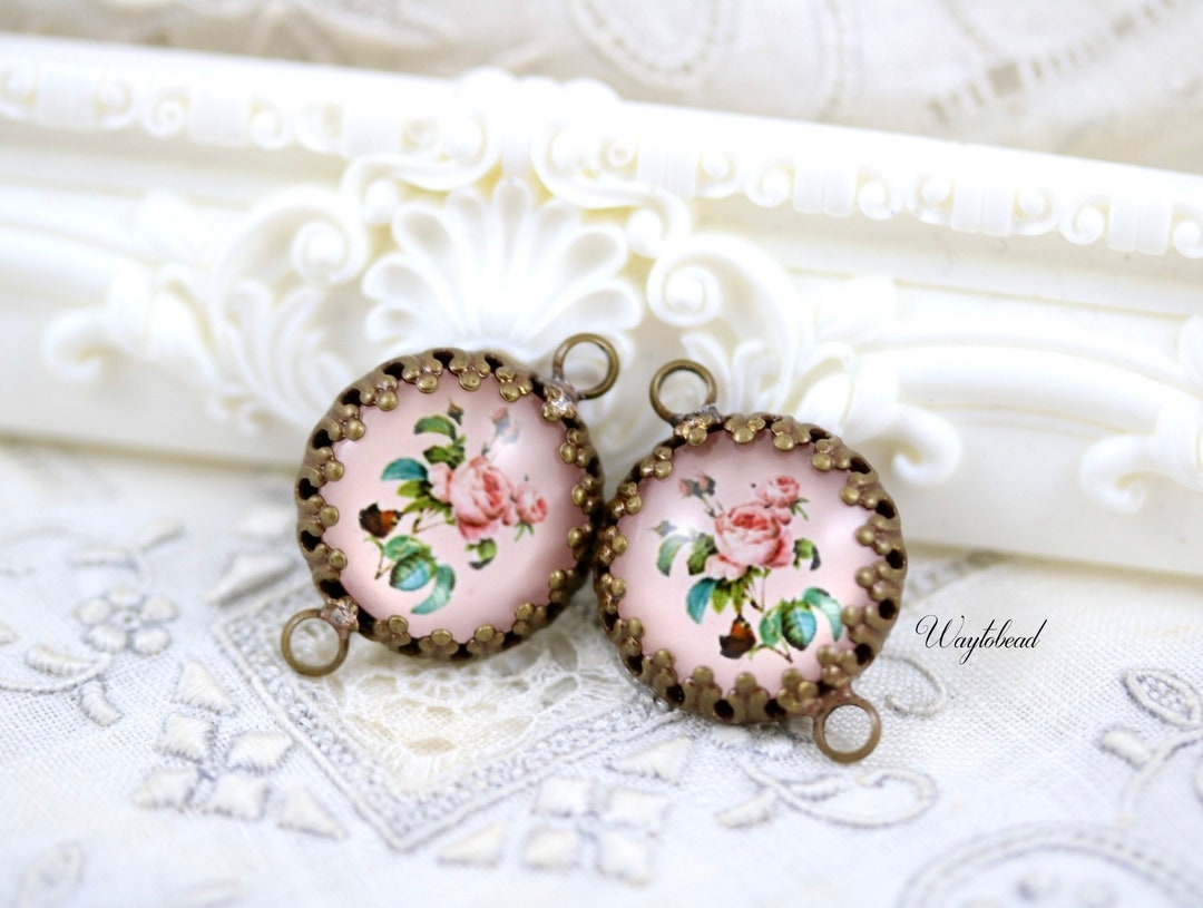 Pink Roses Floral Cabochon 16mm Vintage Style Round Single Set Stones ...