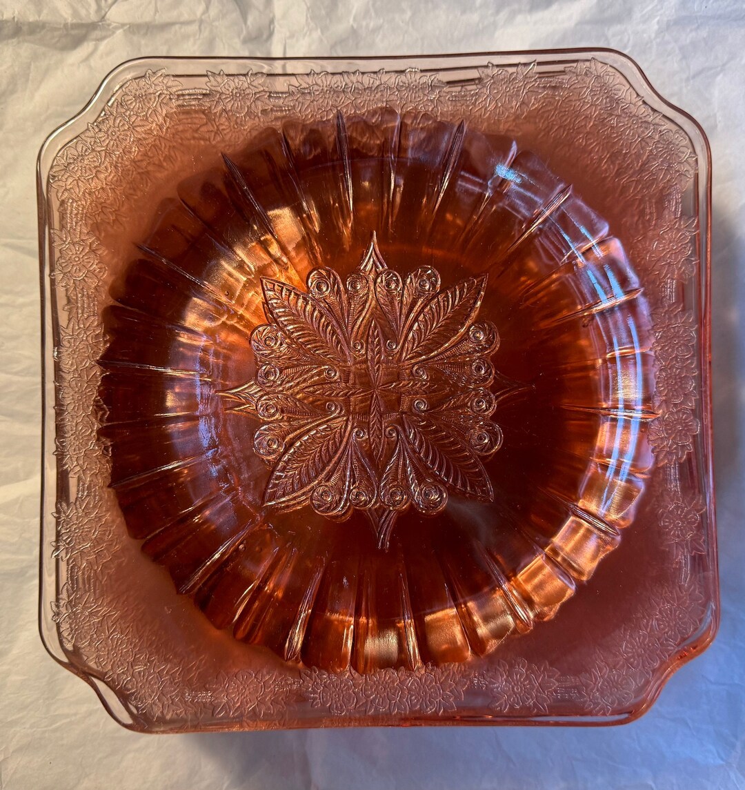 Pink Anchor Hocking Depression Large Glass Plate With Fruit & Flower ...