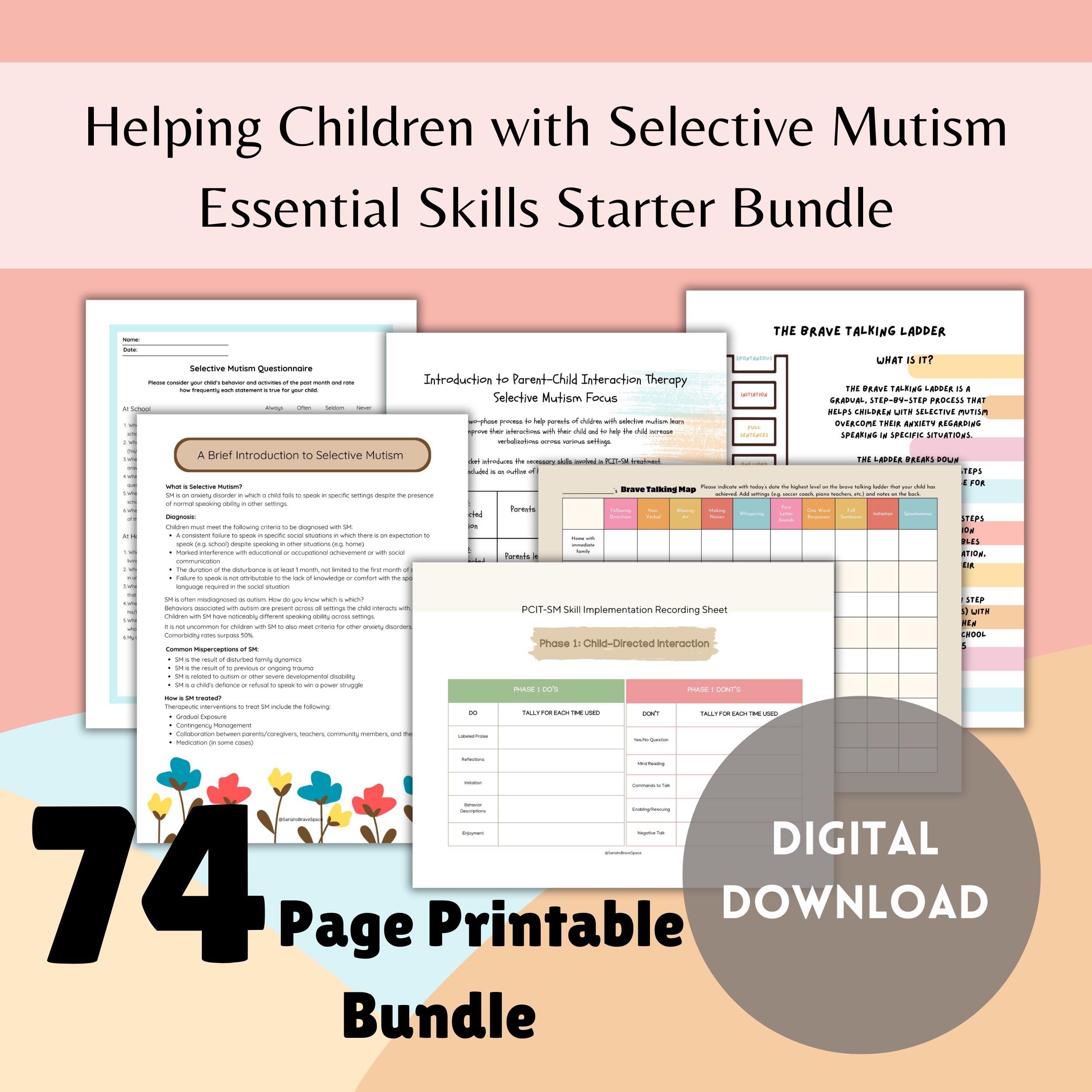 Selective Mutism Therapy Worksheets Bundle: PCIT-SM Skills, Talking ...