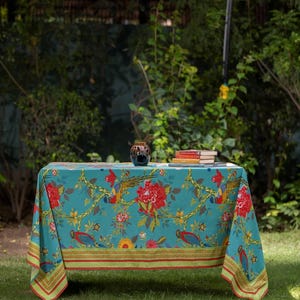 Bird Teal Tablecloth - Vibrant Floral & Bird Print, Eye-catching Teal ...